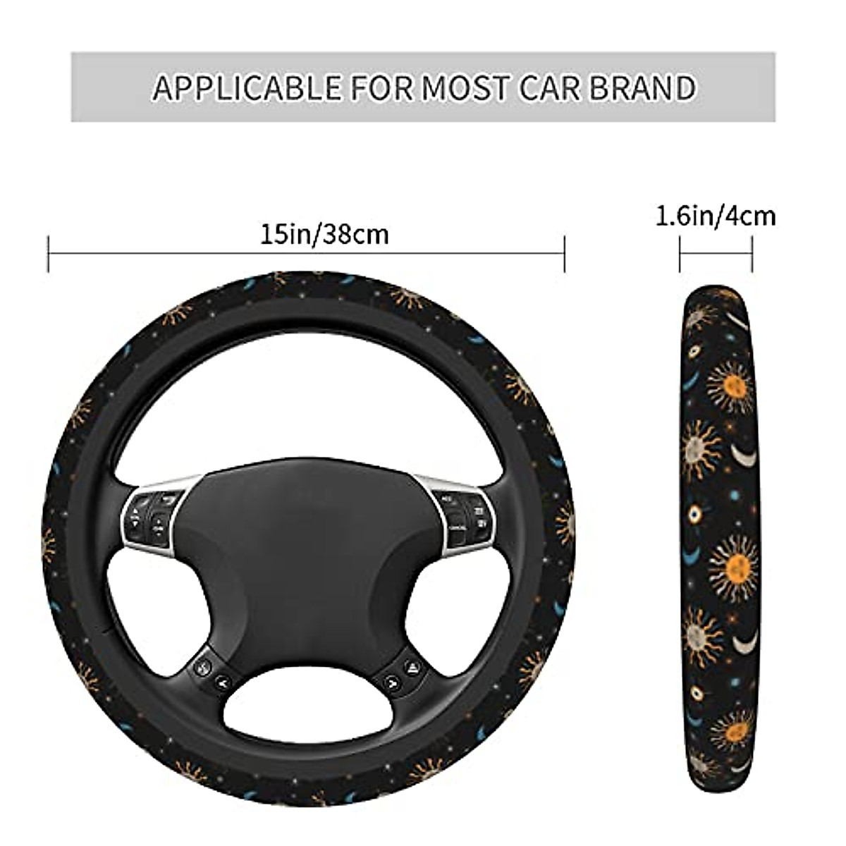 Moon and Sun Steering Wheel Cover Universal 15 Inches Non-Slip Neoprene Cute Stars Wrap Car Accessories Protector Case for Women & Men Girls Fit Auto SUV Sedan Vans Trucks
