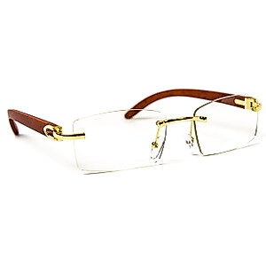 Street Knitted Rimless Clear Lens Gold Sunglasses 90's Retro Rectangle Woodgrain Fashion Eye Glasses