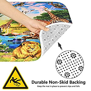 Funny Wild Animal Shower Curtain Sets with Memory Foam Bath Mat, Non-Slip Bath Rugs and Toilet Lid Cover, Kids Jungle Nature Shower Curtains for Bathroom with Hooks, Lion Tiger Elephant Bathroom Set