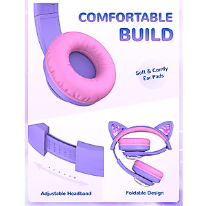 iClever Kids Bluetooth Headphones, Cat Ear Wireless Headphones LED Lights Up, 74/85/94dBA Volume Limited, 45H Playtime, Kids Headphones with Portable Bag for Travel iPad Tablets, Meow Jelly-Purple