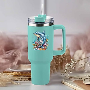 40 ounce insulated cup with handle, double-layer vacuum stainless steel material, equipped with straw, can keep warm or maintain cold drinks Summer Animal Dolphin Starfish Lake Green