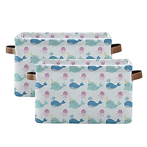 senya Large Foldable Storage Basket with Handles, Jellyfish Whale Narwhal Fabric Collapsible Storage Bins Organizer Bag for Baby Storage Toy Storage 15 x 11 x 9.5 inch