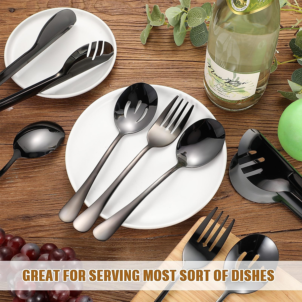 Patelai 15 Pieces Christmas Stainless Steel Serving Utensils Set 8.7" Large Serving Spoons Slotted Spoon 9.45" Tong 9" Serving Forks Flatware Kitchen Catering Banquet Wedding Party (Black)