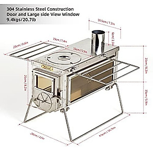 XCMAN Camping Tent Wood Stove with 6 Section Chimney Pipes,Three-View Windows Portable Wood Stove, Ice Fishing Shelters, Hunting, Outdoor Cooking Heavy Gauge 304 Stainless Steel