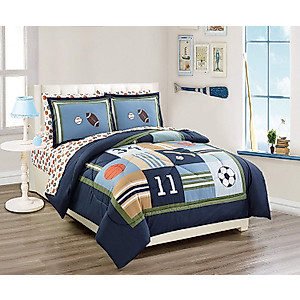 Elegant Home Multicolor Sports Basketball Baseball Soccer Football Design 7 Piece Queen Size Comforter Bedding Set for Boys/Kids Bed in a Bag with Sheet Set # Sports Navy (Queen Size)