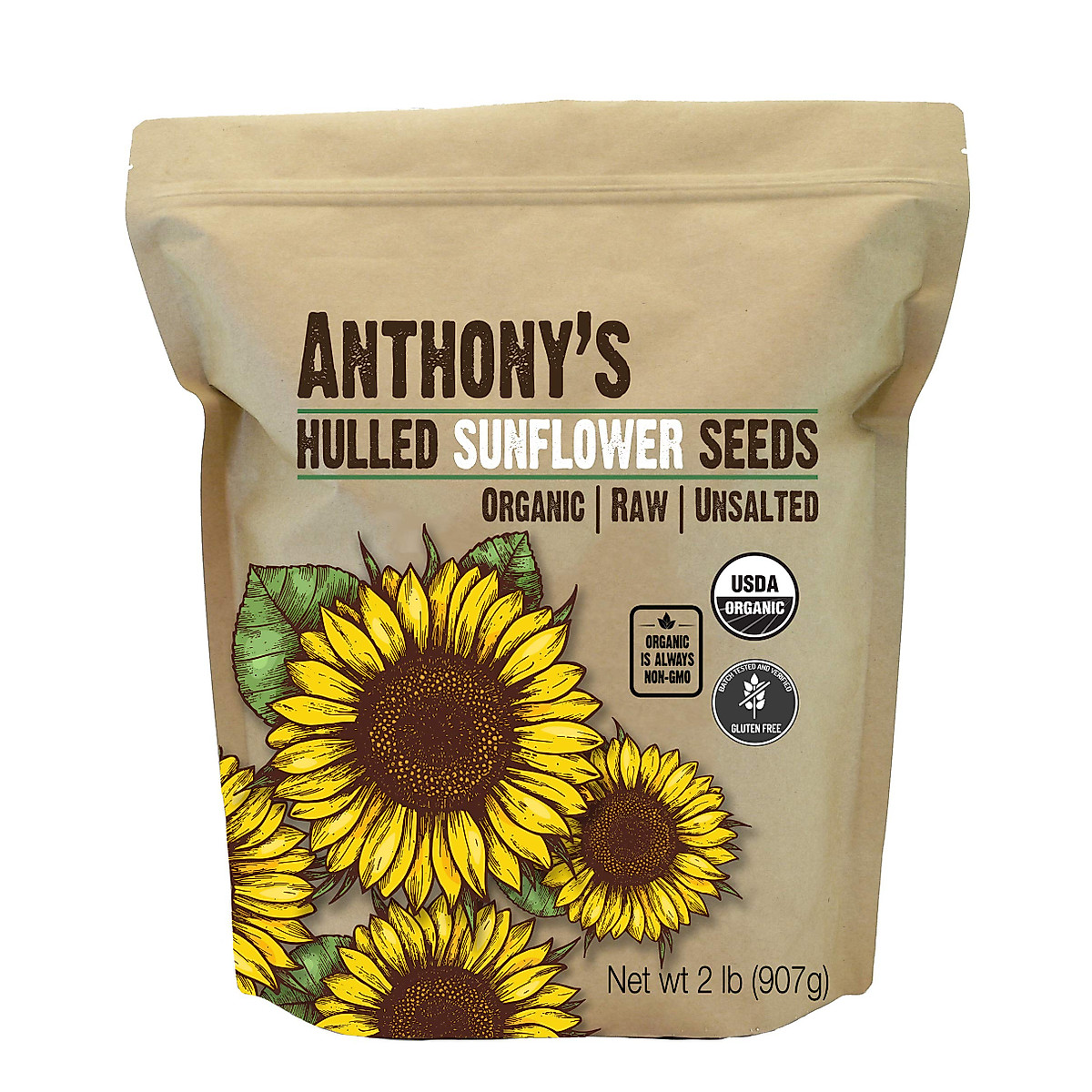 Anthony's Organic Hulled Sunflower Seeds, 2 lb, Raw, Unsalted, Batch Tested and Gluten Free, Keto Friendly