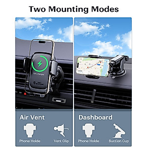KPON Car Phone Holder Wireless Charger, Auto Clamping Wireless Car Charger Mount 15W/10W/7.5W for Dashboard, Automatic Air Vent Windshield Mount for iPhone 15 14 13 12 11/Samsung/LG/Google Pixel