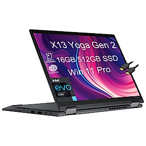 Lenovo ThinkPad X13 Yoga Gen 2 13.3" WUXGA 2-in-1 Touchscreen (Intel 4-Core i5-1145G7, 16GB RAM, 512GB SSD) Business Laptop, Thunderbolt 4, Backlit, Fingerprint, 3-Yr Warranty, IST Cable, Win 11 Pro