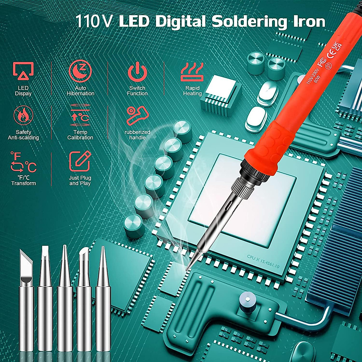 Soldering Iron Kit, 120W LED Digital Soldering Kit, 110V Welding Tools, Smart Temperature Control [356℉-932℉] - Extra 5pcs Tips - Auto Sleep & Temp Calibration - C/F Func