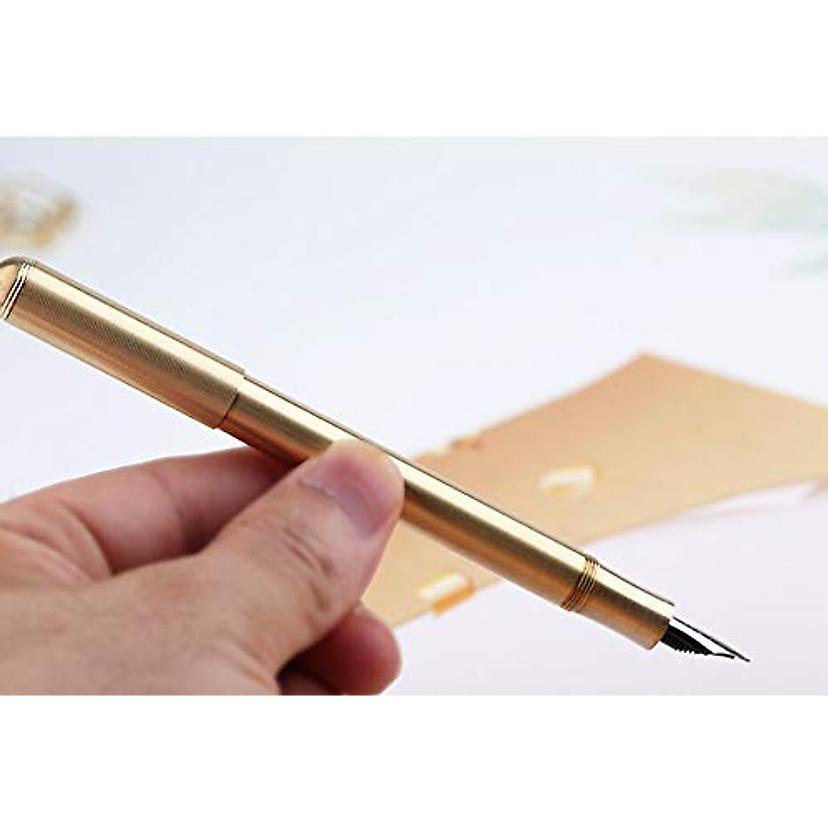 Lanxivi Brass Fountain Pen EF Bent Nib 0.7mm,Travel Pocket Fude Pen, Unique Style Bullet Shape with Metal Box