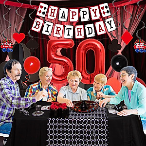 Casino 50th Birthday Party Decorations, Number 50 Balloon, Happy Birthday Banner and Cake Topper, Hanging Swirls for Adults Casino Night, Poker Theme Party Supplies