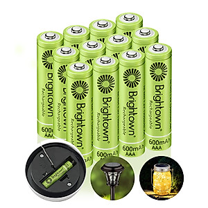 Brightown 12-Pack Rechargeable AAA Batteries, 600mAh NiMH Precharged Triple A Solar Batteries for Solar Lights and Household Devices, Low-self Discharge, Up to 1200 Cycle Times, UL Certified, 1.2V