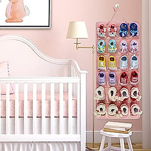 HUHYNN Baby Shoe Organizer for 12 Pairs of Boys Girls Baby Shoes, Double Sided Baby Shoe Organizer with Multiple Pockets(No Accessories Included) (Pink)