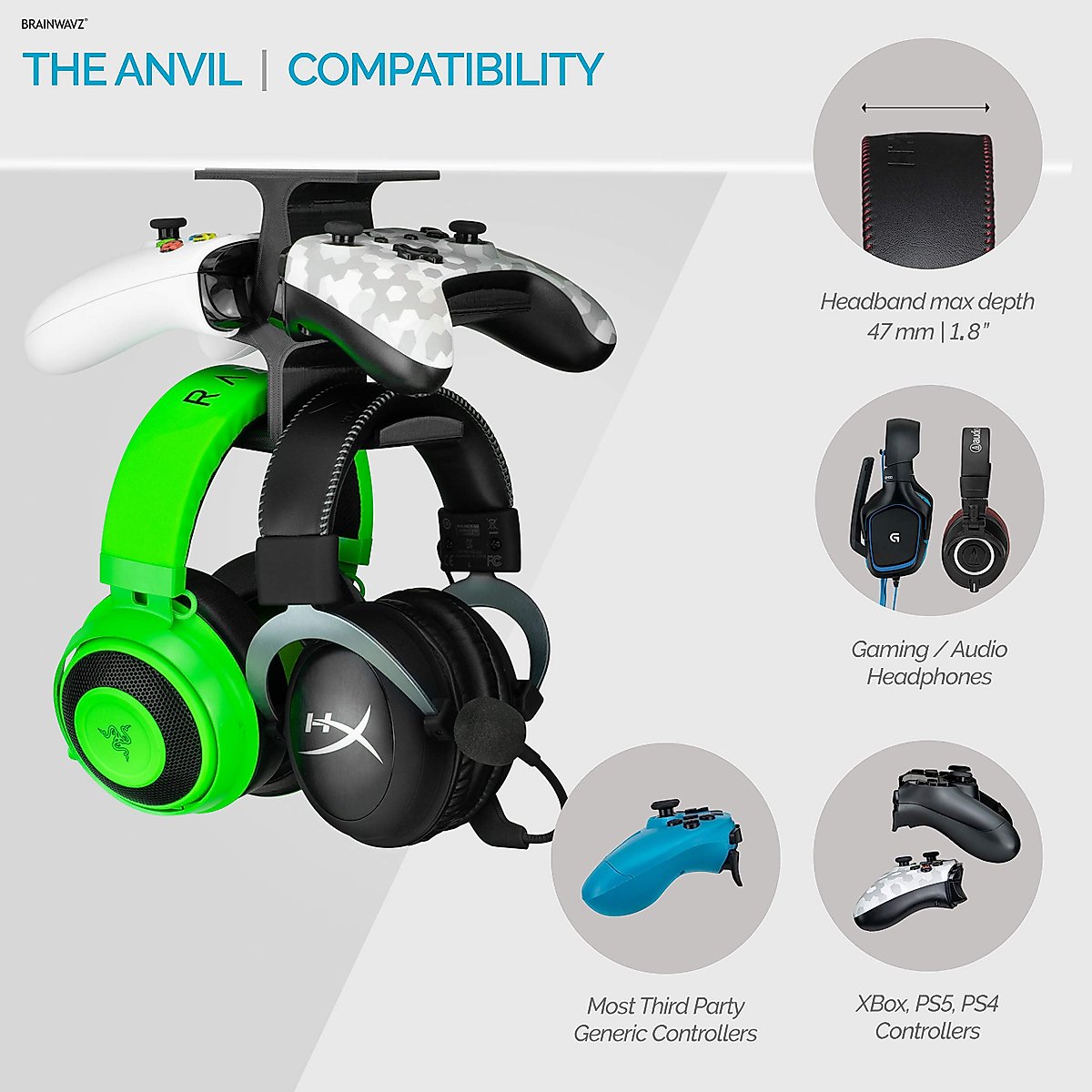BRAINWAVZ [EOL] The Anvil - Under Desk/Shelf Dual Gamepad Controller & Dual Headphone Hanger Holder Stand - Designed for Xbox ONE PS4 PS3 PS5 Dualshock DualSense HyperX PC Steelseries Razer [EOL]