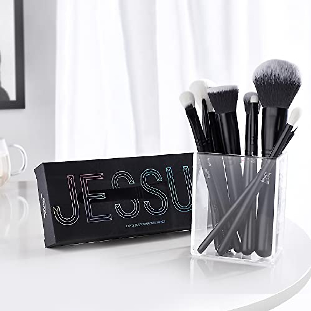 Jessup Makeup Brush Set 10pcs Black Make up Brushes Set Professional with Natural Synthetic Hair for Foundation Blending Blush Concealer Eyeshadow Eyebrow Eyeliner, T323
