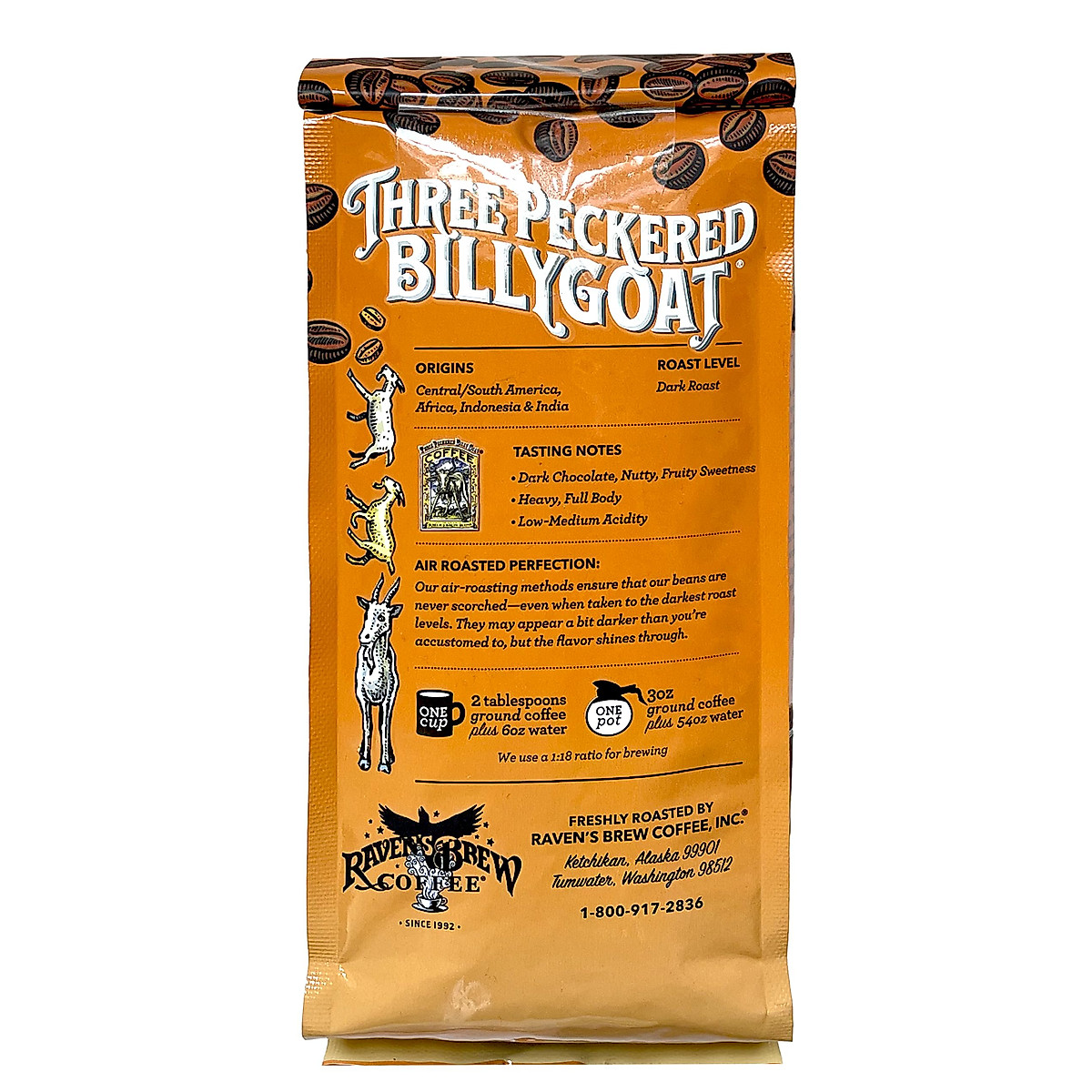 Raven's Brew Coffee High Caffeine Coffee Dark Roast Whole Bean – Three Peckered Billy Goat 2-pack of 12oz