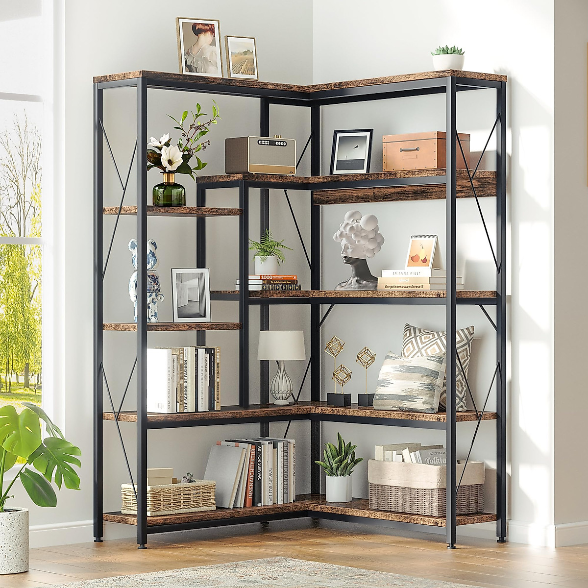 JAMFLY 5-Tier Corner Bookshelf, Industrial Corner Bookcase, Book Shelves with Metal Frame, Large Open Display Bookshelves, L-Shaped Shelf for Living Room, Home Office, Rustic Brown