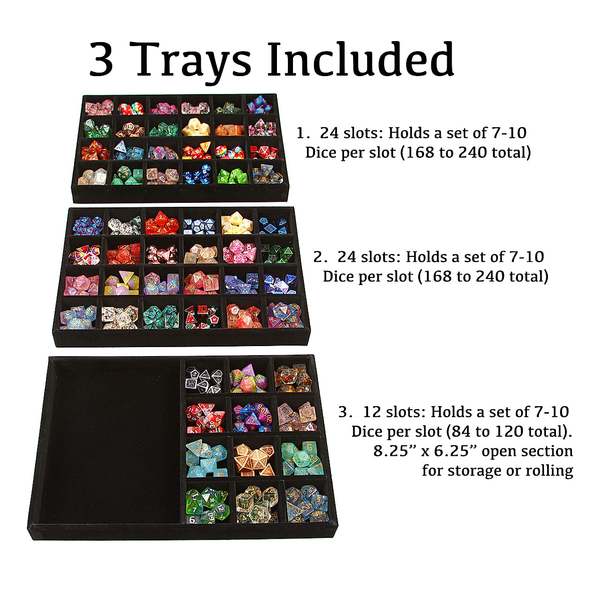 Forged Dice Co. Dice Display Case and Rolling Tray with 3 Removable Divided Dice Trays - Storage Box Holds up to 720 Metal or Plastic Polyhedral Dice Sets - Great for Dice Collectors or RPG D&D Games