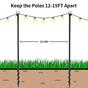 String Light Poles for Outside - 2 Pack Outdoor Patio Light Poles for Hanging String Lights, Patented Spiral Ground Anchor, Metal Backyard Garden Light Posts for Party Wedding Decorations