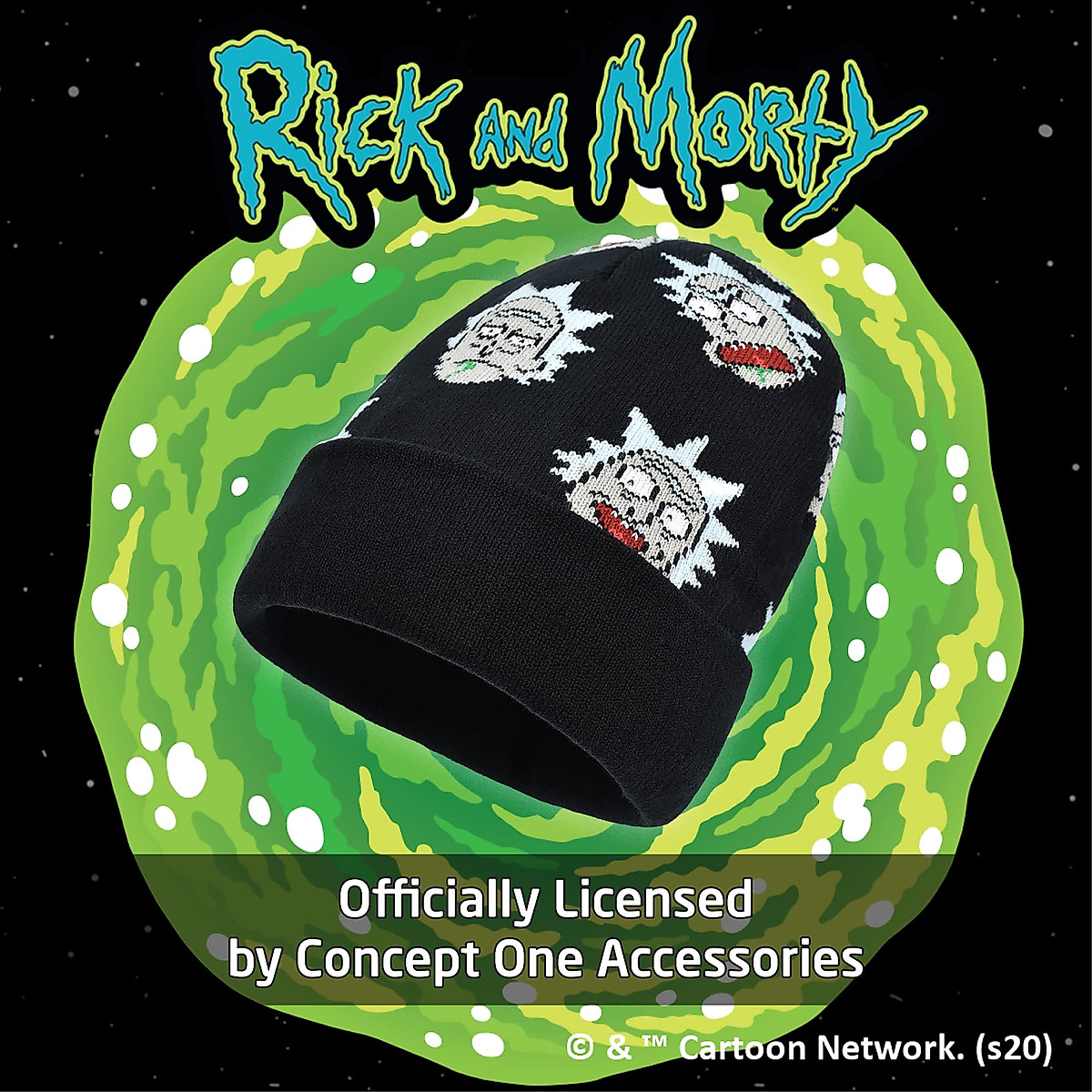 Rick and Morty Logo Rick Sanchez Head Knitted Cuff Beanie Hat, Black, One Size