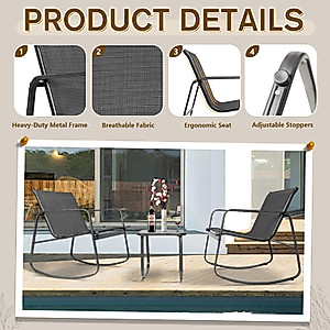 SUNCROWN 3-Piece Outdoor Rocking Bistro Set, Outdoor Furniture Set with Patio Rocking Chairs, and Glass-Top Table, Small Conversation Set of 3 for Porch, Lawn, Garden, Yard, Balcony, Poolside -Black