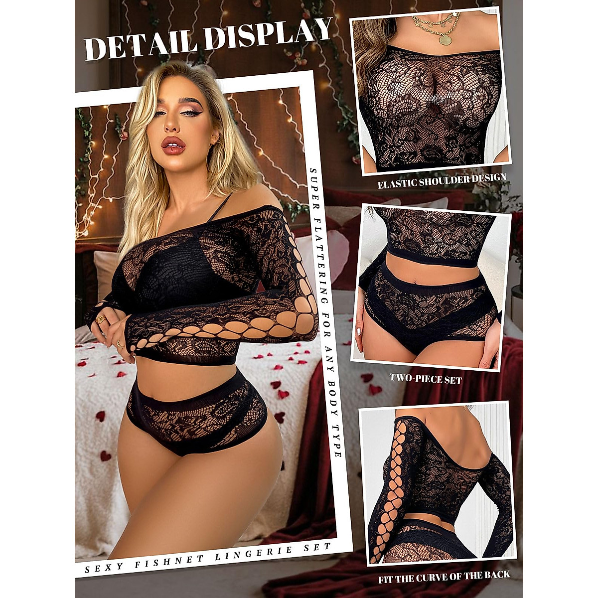 Buitifo Womens Lingerie Set Fishnet BabyDoll Bodysuit Two Piece Nightwear (Black,M)