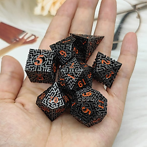DND Metal Hollow Dice 7 Piece Set - (Free Metal Box) Maze Polyhedron Dice Suitable for Board Game RPG Math Teaching Warhammer MTG Game Dice （Pearl Gun）