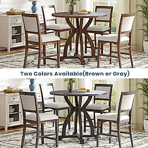 Bellemave Round Dining Set 5-Piece Farmhouse Kitchen Table and Chairs for 4, Wood Round Dining Table Set with Trestle Legs and 4 Upholstered Dining Chairs for Small Place, White Gray