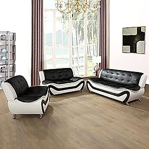 HOMVET Faux Leather 3 Piece-Modern Sofa,Couch Set for Living Room,Black & White