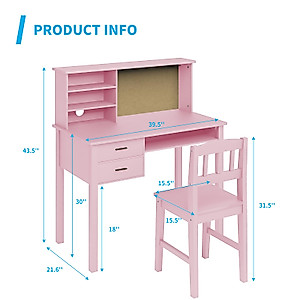 Mjkone Kids Table & Chair Set, Living and Learning Kids' Desk with Hutch and Chair Set, Children’s Desk with 2 Drawers for Storage, Students' Study Computer Workstation with Multiple Cubbies, Pink