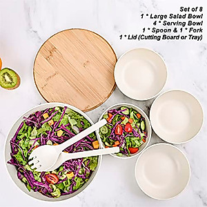 LOVYANXUE Bamboo Salad Bowl with Lid, 9.8Inches Large Salad Bowl with Lid Spoon Fork, Salad Mixing Bowls and 4 Small Bowls, Salad Serving Bowl Set for Salad, Fruits, Vegetables