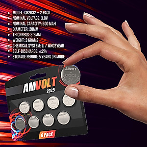 AmVolt- Pack of 8 CR2025 Batteries, 220mAh 3 Volt Lithium Battery, Long Lasting Coin Cell 2030 Batteries for Small Electronic Devices