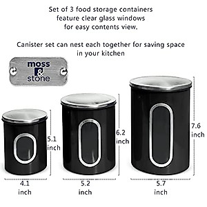 Moss & Stone 3 Piece Black Canisters Sets For The Kitchen, Kitchen Jars With See Through Window | Airtight Coffee Container, Tea Organizer, And Sugar Canister, Kitchen Canisters Set of 3 (Black)