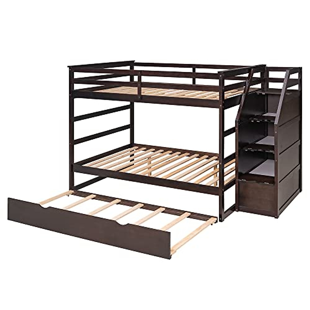 ODC Full Over Full Bunk Bed with Trundle,Solid Wood Stairway Bunk Bed with Twin Size Trundle and 3 Storage Stairs, Full Length Guardrail for Guests Room,Bedroom