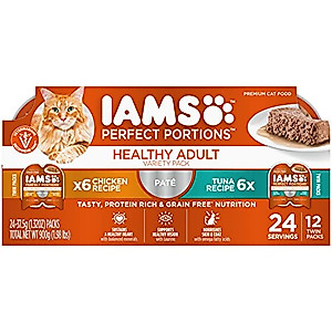IAMS PERFECT PORTIONS Healthy Adult Grain Free* Wet Cat Food Pate Variety Pack, Chicken Recipe and Tuna Recipe, (12) 2.6 oz. Easy Peel Twin-Pack Trays