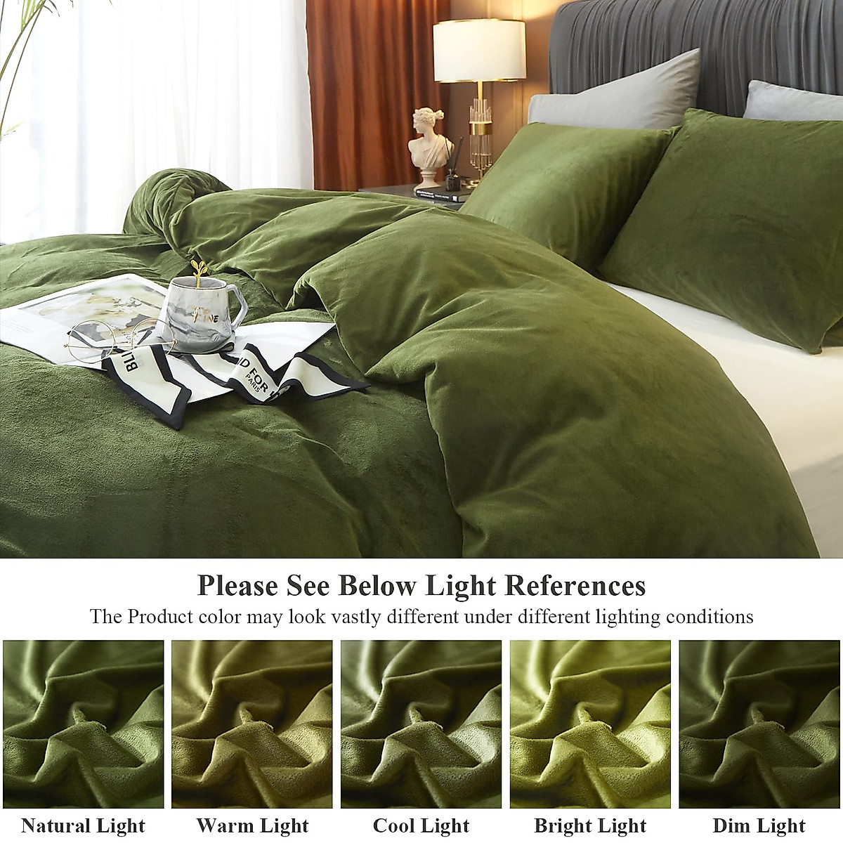 Ivellow Velvet Flannel Duvet Cover King Size Olive Green Comforter Cover Ultra Soft Breathable Cozy Velour Duvet Cover Solid Luxury Bedding Set Zipper Closure Corner Ties