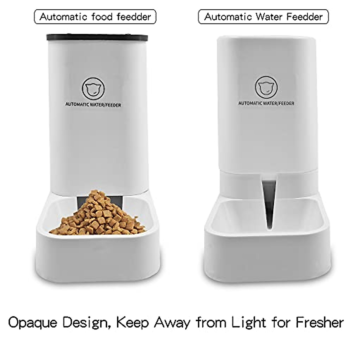 Pet Food Feeder and Water Feeder Set Self-Dispensing Gravity - Dog Automatic Feeders Cat Water Dispenser for Large Middle Small Cats Dogs Kitten Puppy, White, 11.4X5.8X10.8 inch