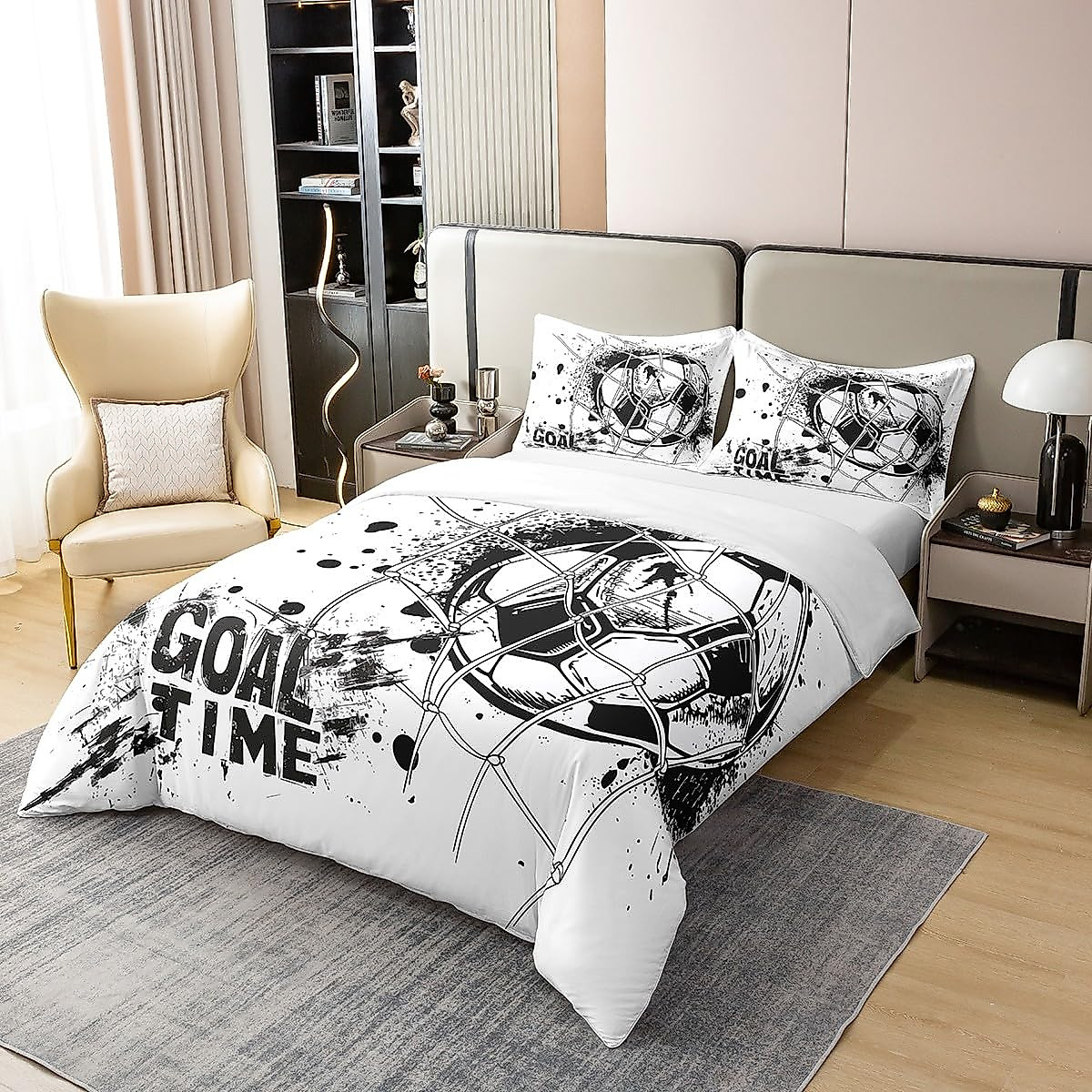 Kids Football 100% Cotton Comforter Cover Twin Size American Soccer Bedding Set Sports Games Duvet Cover For Boys Girls Children Teens Geometric Polygon Quilt Cover For Bedroom, Black White