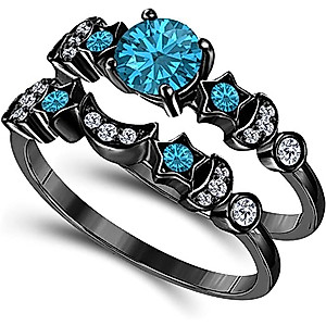 Moon Star Style Wedding Band Bridal Set 1.75 tcw CZ Blue-Topaz & Cubic Zirconia Round Engagement Ring Set 14k Black Gold Plated 925 Sterling Silver