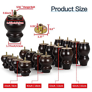 CtopoGo Wooden Round Gourd Furniture Legs 4 Inch Set of 4 Mid-Century Modern Sofa Couch Chair Armchair Night Stand Recliner Dresser Cabinet Feet Legs with Pre-Drilled Bolts (4" / 10cm, Walnut)
