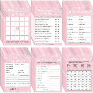 Harloon 302 Pcs Winter Snowflake Baby Shower Games, 6 Games, 50 Sheets Each, Baby Shower Bingo, Word Scramble, Word Search, Baby Predictions and Advice, The Price is Right, Guess Who (Pink)