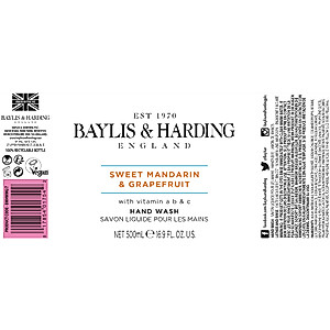 Baylis & Harding Liquid Hand Soap Wash with Dispenser, Sweet Mandarin & Grapefruit, 16.9oz/500ml (3-Pack)