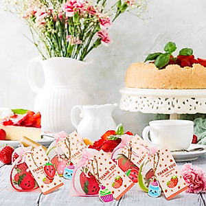 Haooryx 110PCS Strawberry Theme Party Favors Fruit Mochi Toys Berry Sweet Rubber Bracelet Acrylic Strawberry Scrapbook Stickers Keychains with Thank You Card for Girls Birthday Summer Party Goodie Bag