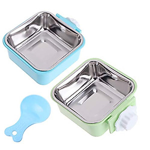 Crate Dog Bowl, Removable Stainless Steel Water Food Feeder Bowls Hanging Pet Cage Bowl Cage Coop Cup for Dogs Cats Puppy Rabbits Bird and Small Pets (Large (Pack of 2), Square (Blue+Green))