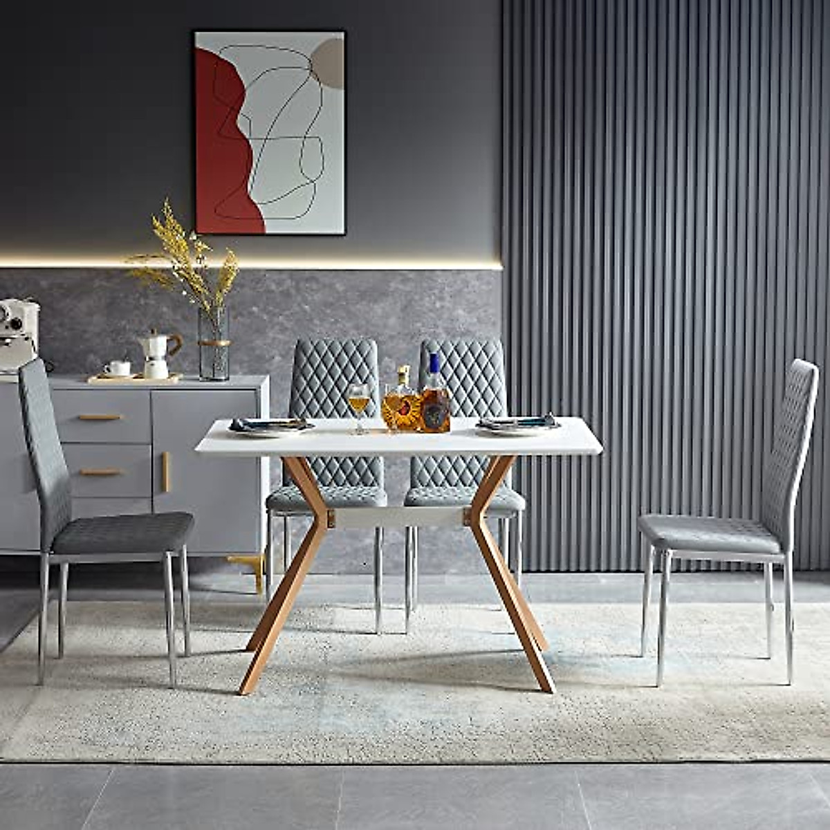 Hommoo PU Leather Dining Chairs Set of 6 Modern Kitchen Chairs with Grid Pattern and Electroplate Solid Metal Legs Armless Side Chairs for Home Living Room Kitchen Dining Room Grey