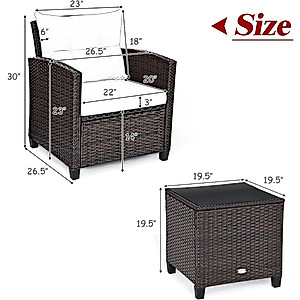 RELAX4LIFE 3 Piece Patio Furniture Set, Wicker Bistro Conversation Set w/2 Cushioned Armchairs & Glass Topped Table, Outdoor Rattan Sofa Set Patio Furniture for Porch Balcony Poolside (Orange)