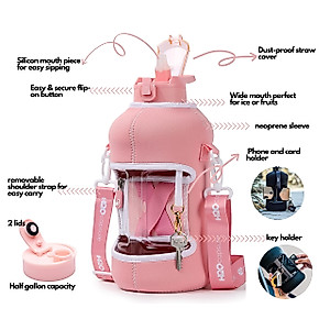 H2O Capsule 2.2L Half Gallon Water Bottle with Storage Sleeve and Covered Straw Lid – BPA Free Large Reusable Drink Container with Handle - Big Sports Jug, 2.2 Liter (74 Ounce) Rose Quartz