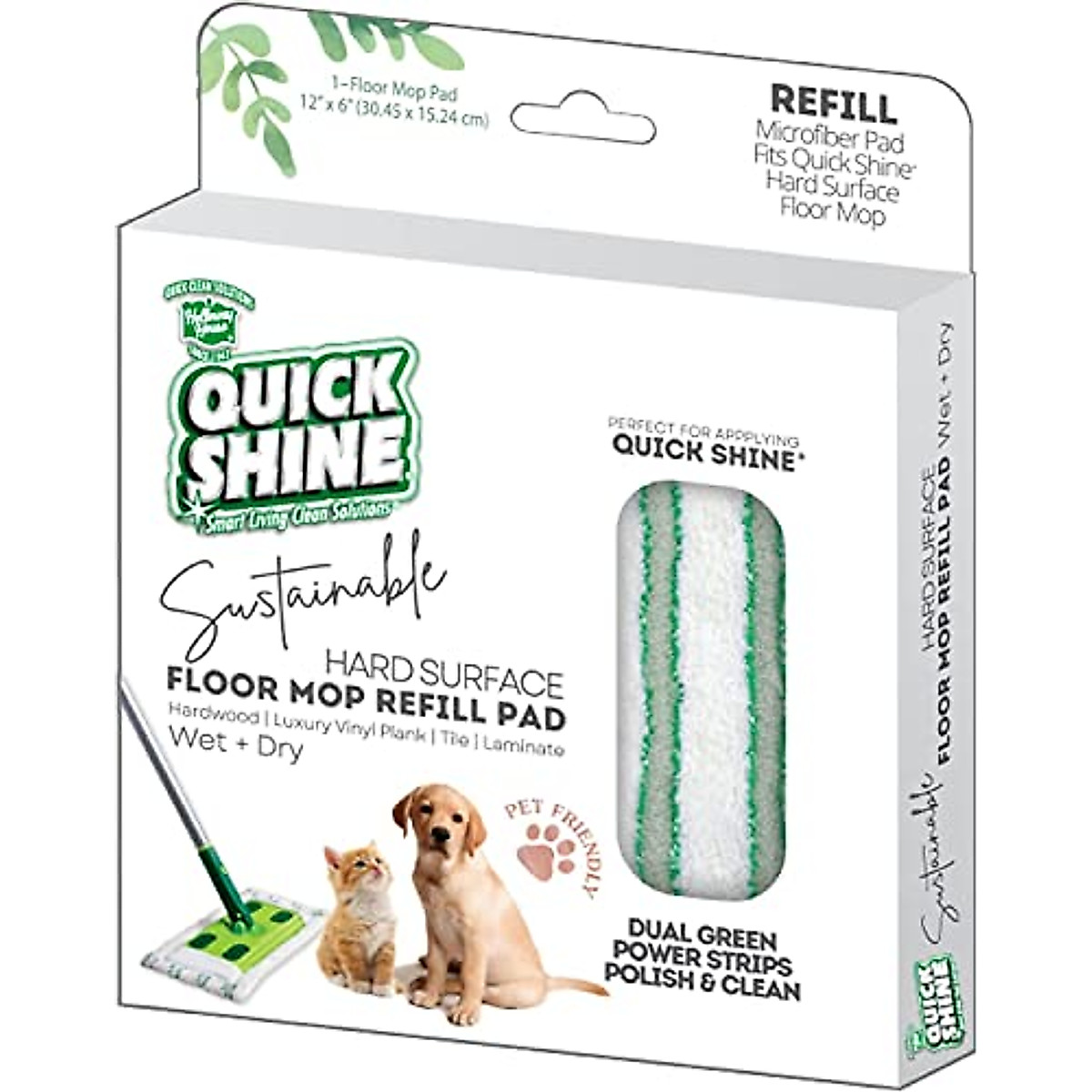 Quick Shine Multi Surface Floor Finish 64oz, 4Pk | Cleaner & Polish to use on Hardwood, Laminate, Luxury Vinyl Plank LVT, Tile & Stone & Hard Surface Floor Mop Refill Pad 12" Wx6 Dx1/2 H
