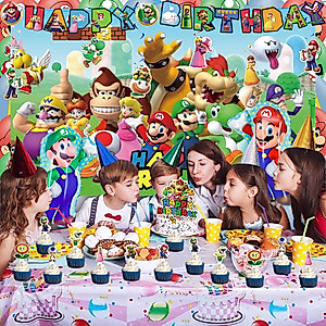 Mario Party Decorations Birthday Party Supplies Super Mario Bros Birthday Favors Include Birthday Banners, Backdrop, Balloons, Cake Decoration, Cupcake Toppers, Hanging Swirls