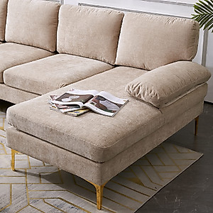 POULEII Sectional Sofa,Modern U-Shape Modular Sectional Sofa Sleeper Couch with Chenille Fabric and Gold-Plated Feet for Living Room, Apartment, Office,Camel